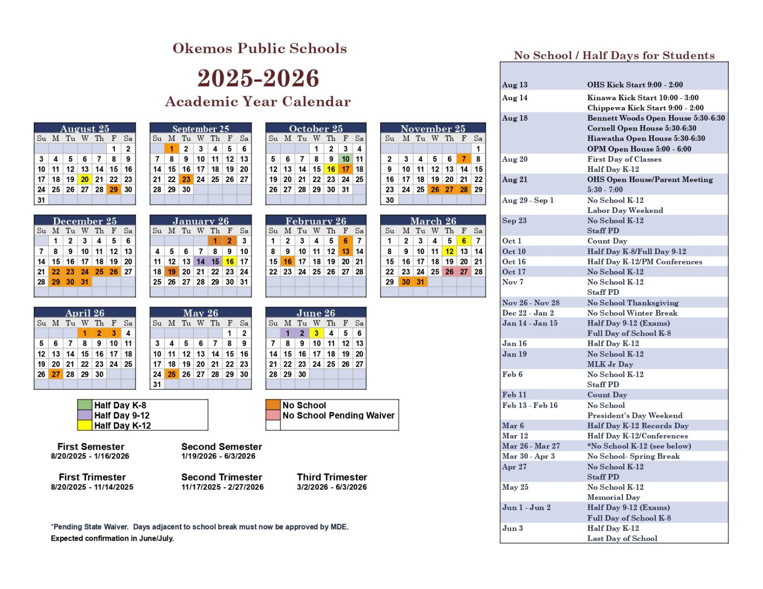 Okemos Public Schools Calendar 2026-2027 [Academic Year]