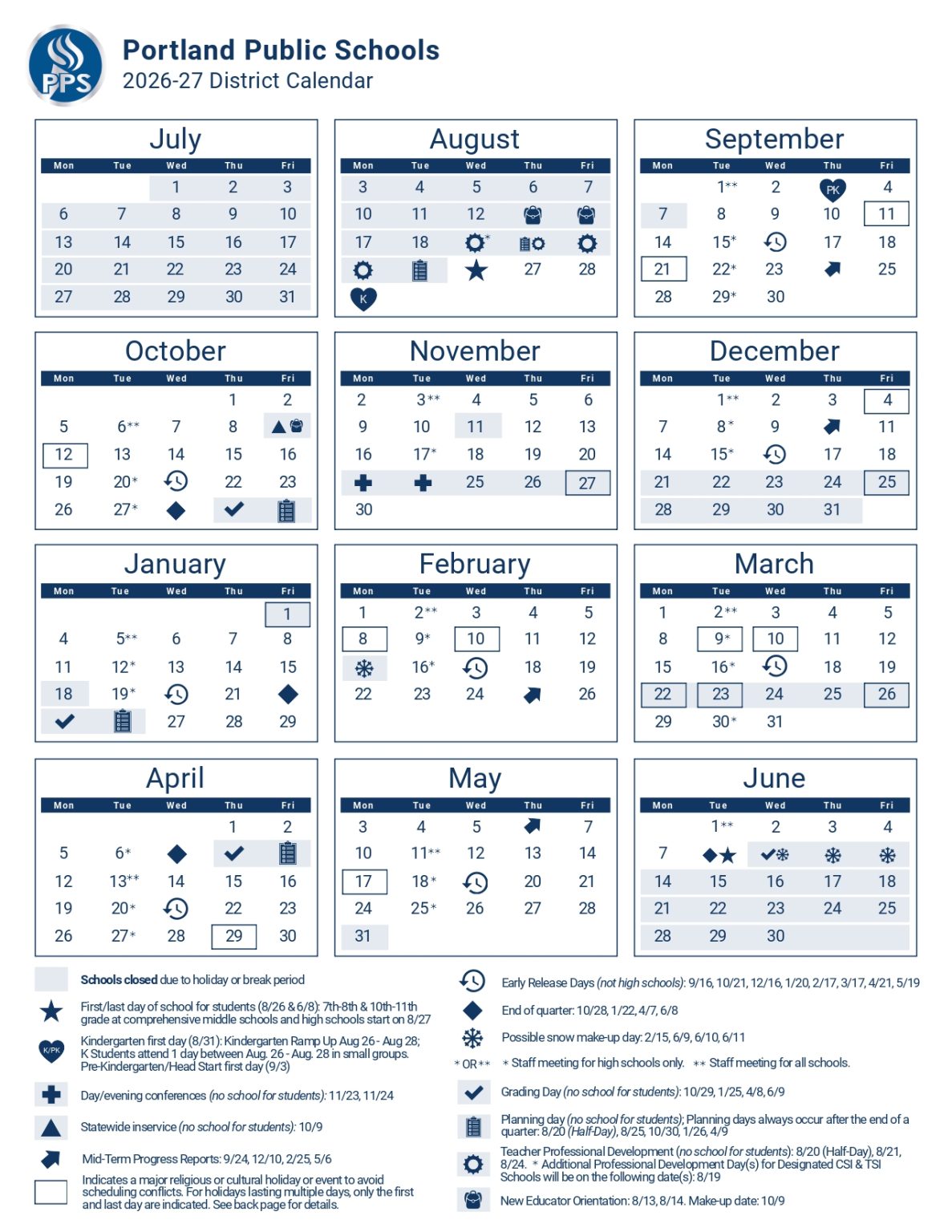 Portland Public Schools Calendar 2026-2027 [District]