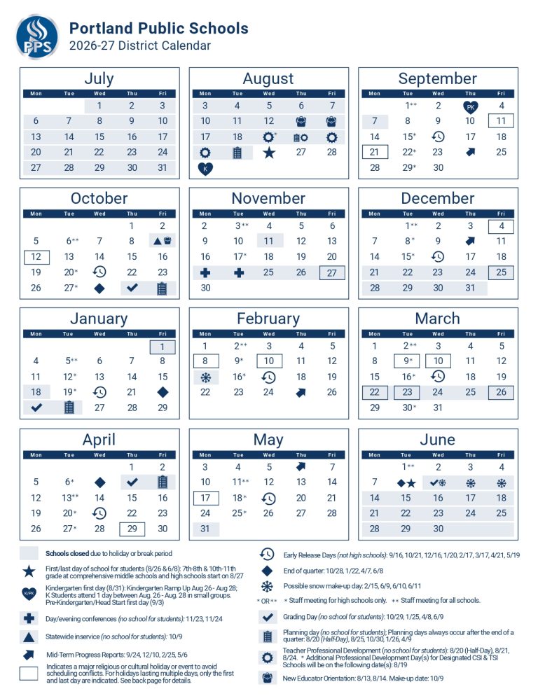 Portland Public Schools Calendar 2026-2027 [District]