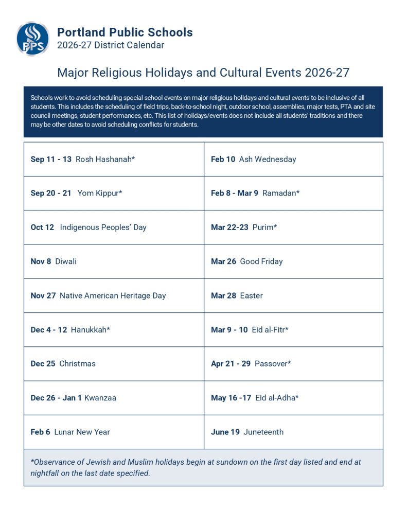 Portland Public Schools Calendar 2026-2027 [District]