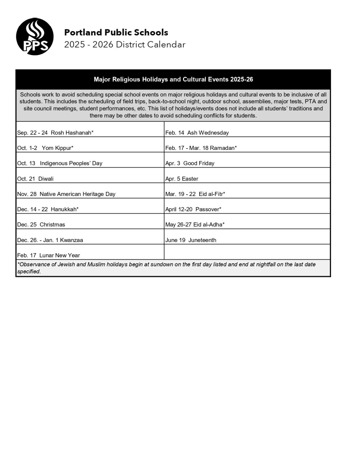 Portland Public Schools Calendar 2025-2026 [District]